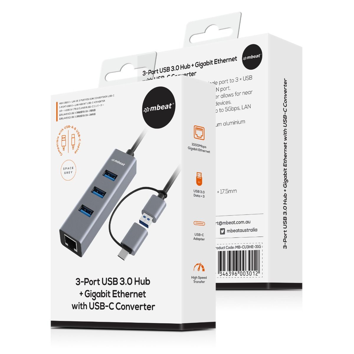 3-Port USB 3.0 Hub + Gigabit Ethernet with USB-C Converter