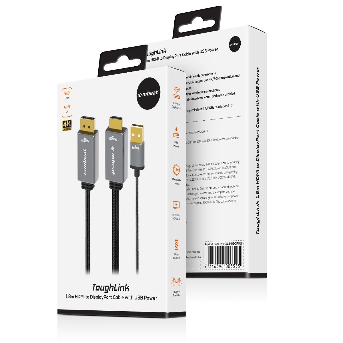 mbeat ToughLink 1.8m HDMI to DisplayPort Cable with USB Power
