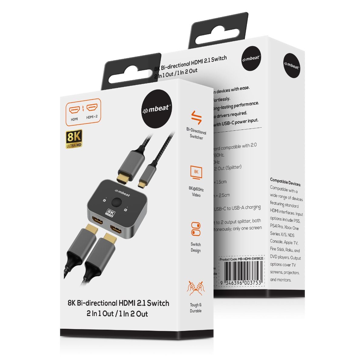 mbeat 8K Bi-directional HDMI 2.1 Switch - 2 In 1 Out / 1 In 2 Out