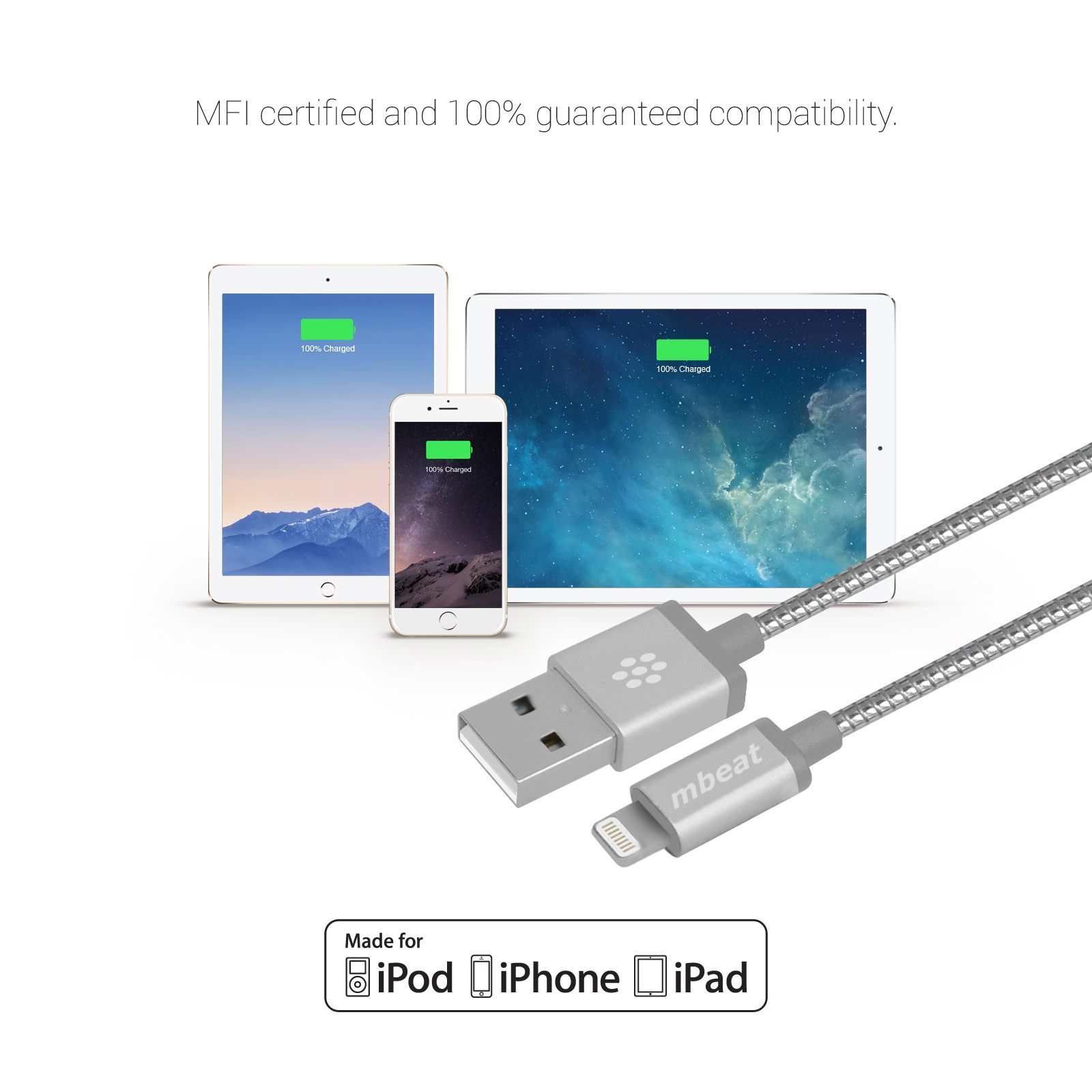 mbeat ToughLink MFI 1.2m Lightning Cable-Silver - iPad Air 2