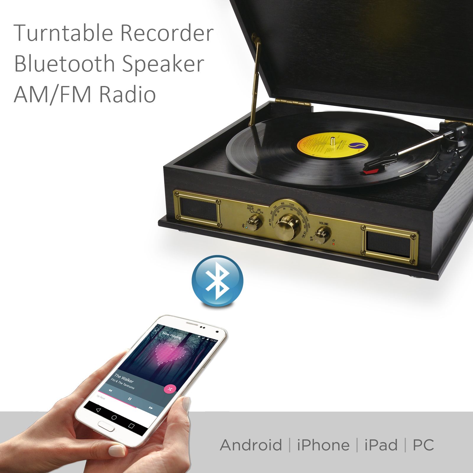 mbeat Vintage Wood USB Turntable - Bluetooth Speaker, Radio Tuner